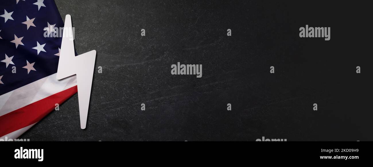 Flag of USA with lightning bolt symbol on marble background, panoramic ...