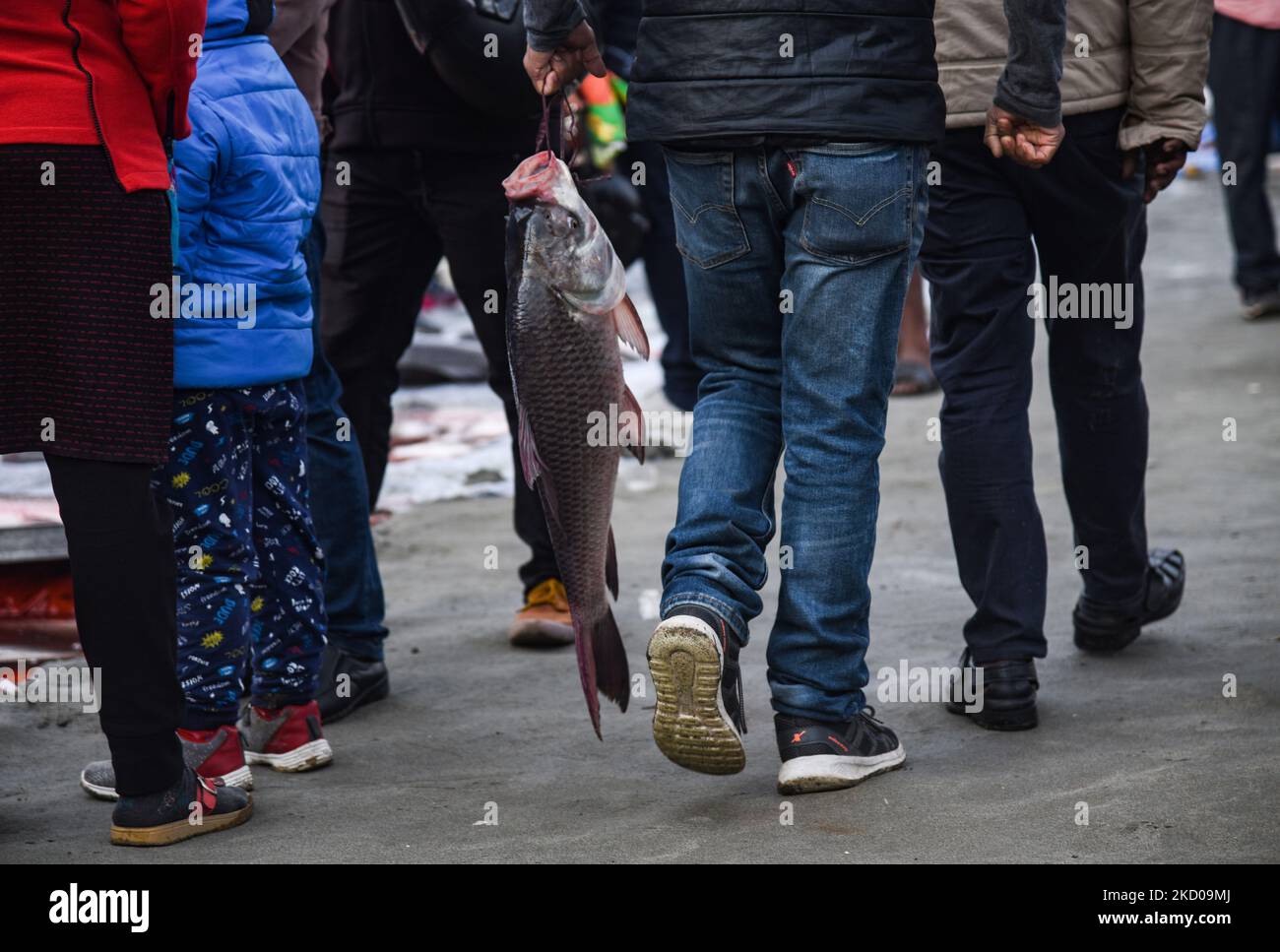 Peoples gathering to buy fish at a market on the occasion of Uruka ...