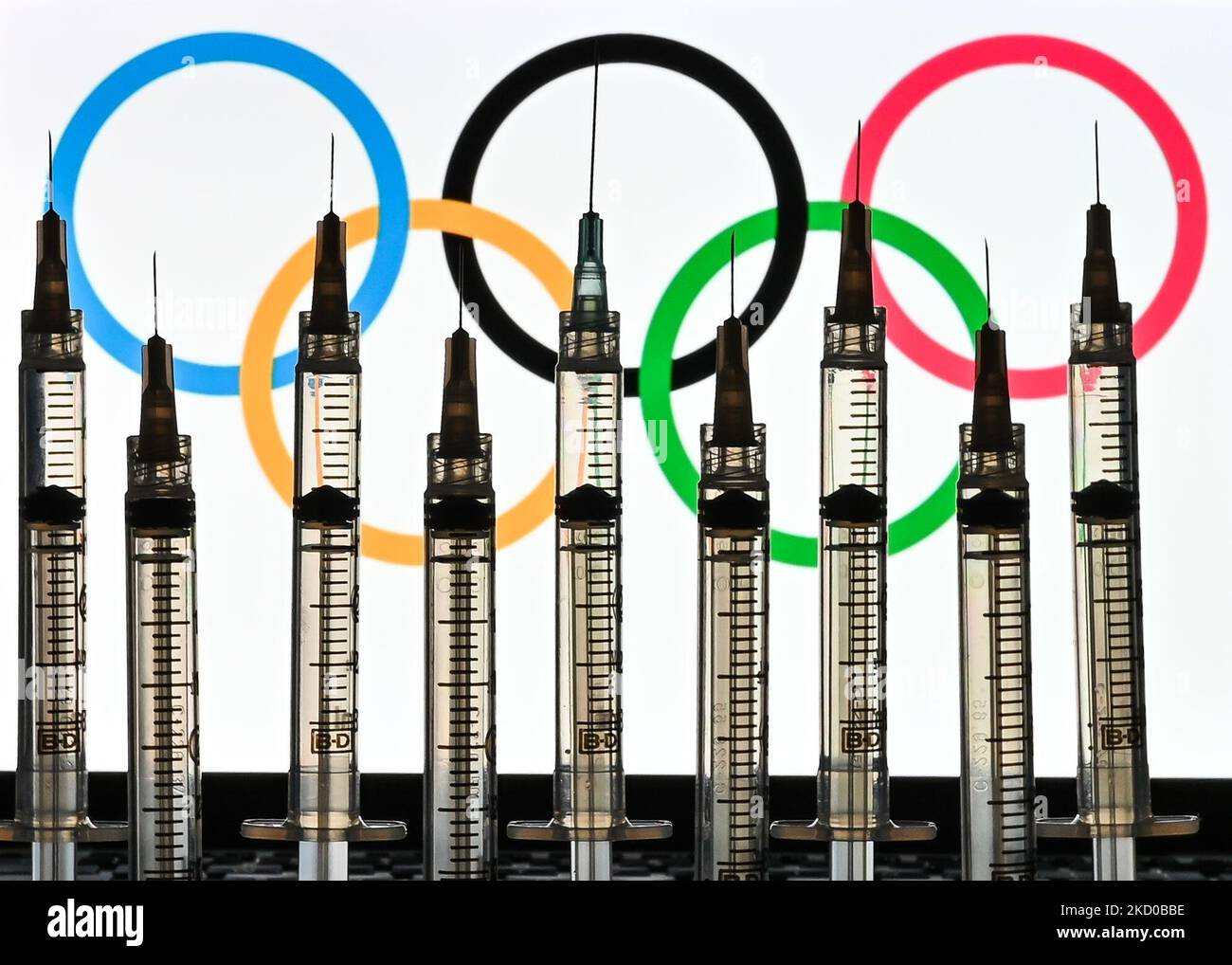 Illustrative photo of medical syringes seen in front of the Olympic ...