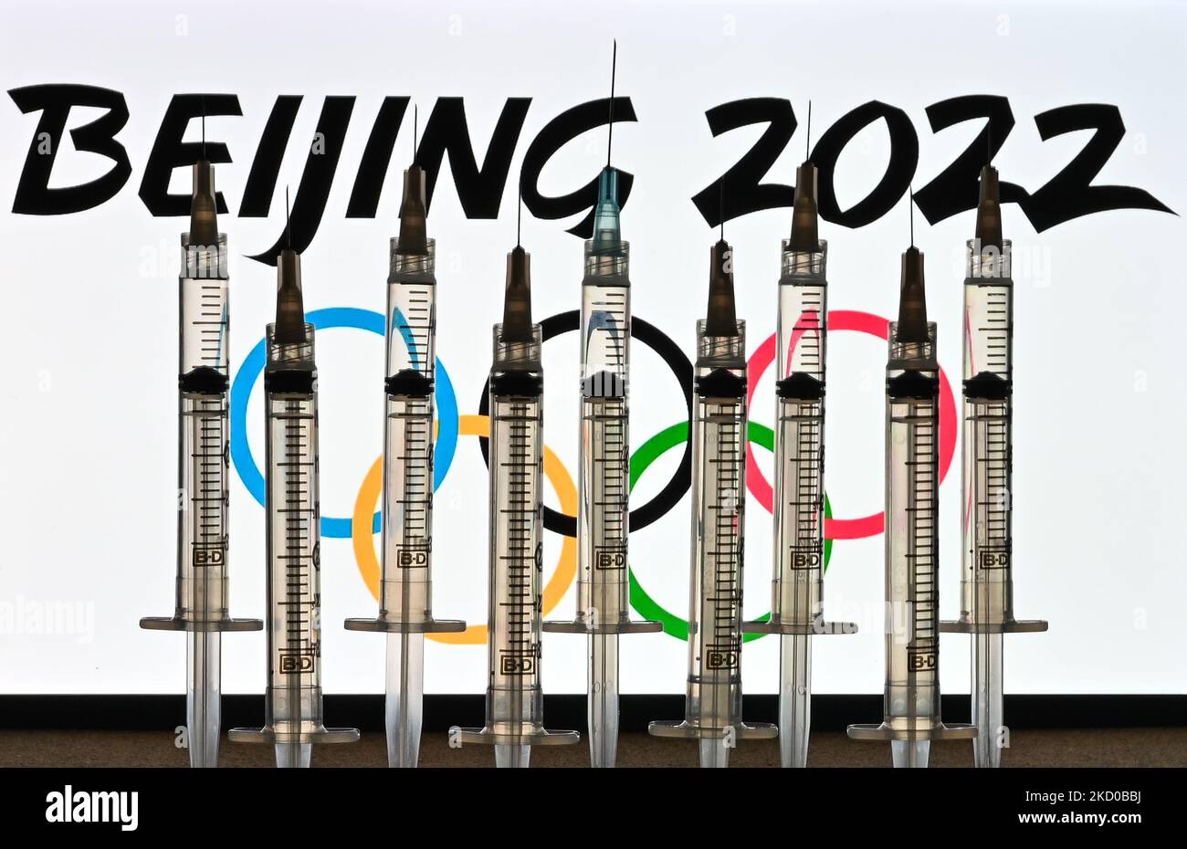 Illustrative photo of medical syringes seen in front of the Olympic ...