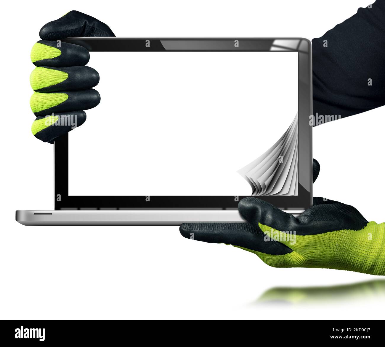 Manual Worker with protective work gloves showing a modern laptop ...