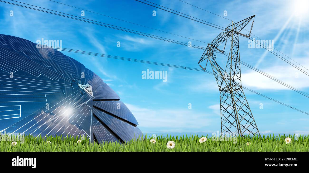Solar panel and a high voltage tower on a green meadow (green grass and ...