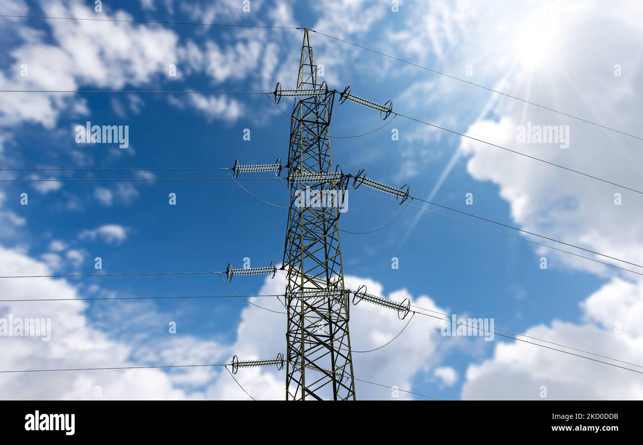 Photography of a high voltage tower, power line with electric cables ...