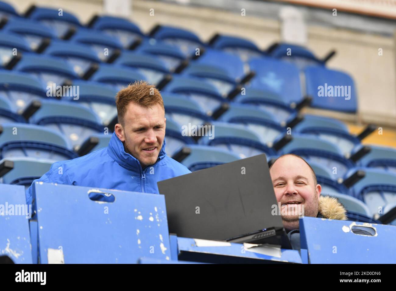 Mark Ellis of Barrow with Barrow match reporter before the Sky Bet ...