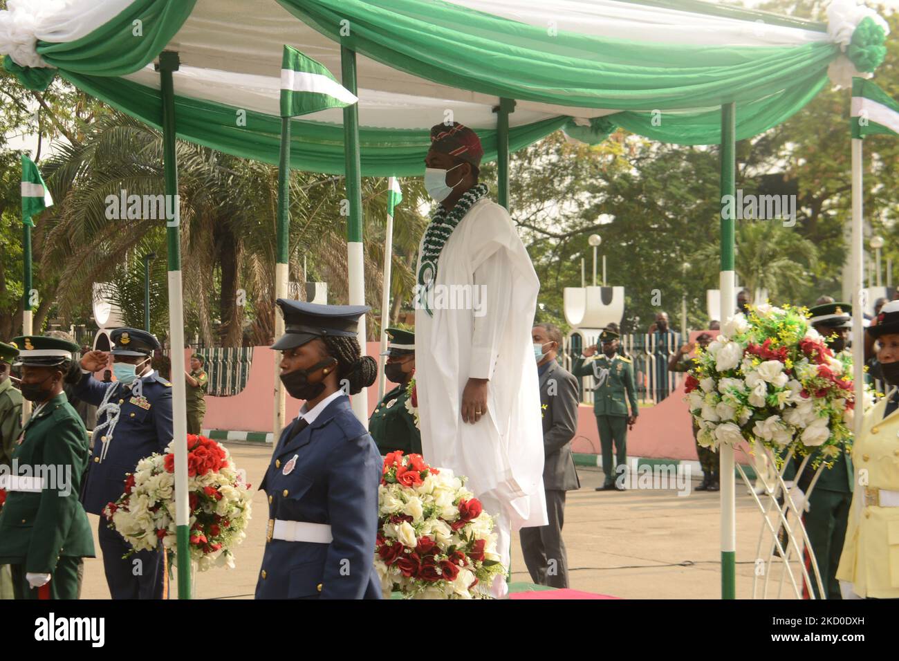 Lagos State Deputy Governor Babafemi Hamzat inspects guard of honor during the commemoration of ...