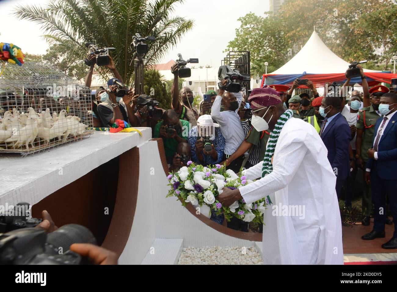 Lagos Governor Babajide Sonwo-Olu lays a wreath at a military cenotaph during the commemoration ...