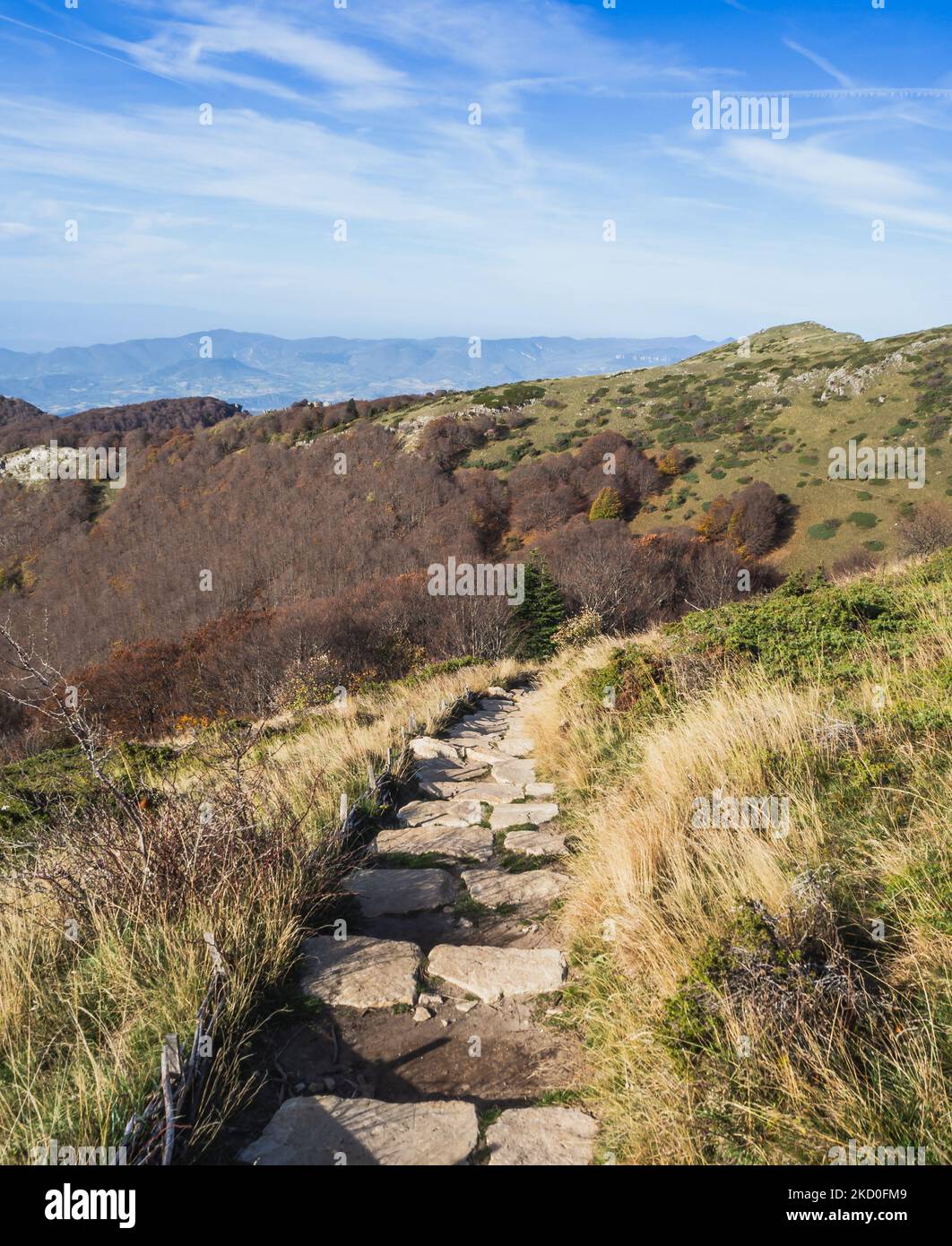 A beautiful mountain trail leading to the summit. Stone steps leading ...