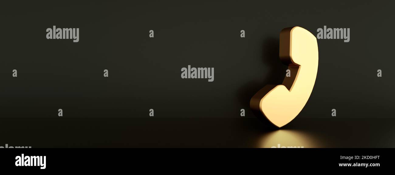 Gold phone icon over black background, 3d render, panoramic image Stock ...