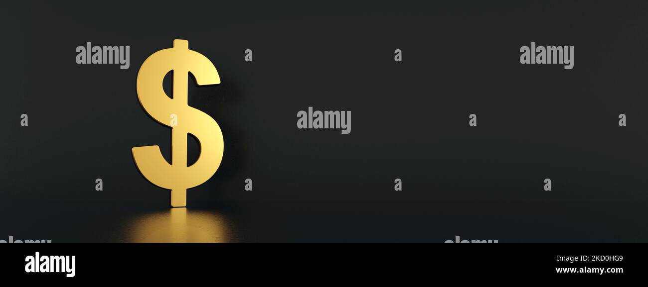 Golden dollar sign over black background, 3d render, panoramic layout ...