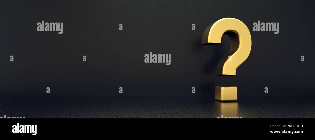 golden question mark over black background, 3d render, panoramic layout ...
