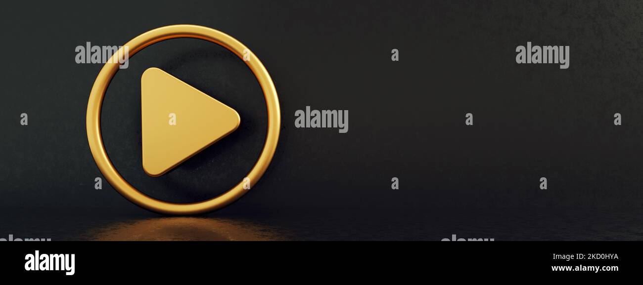golden play button on black background, 3d render, panoramic layout ...