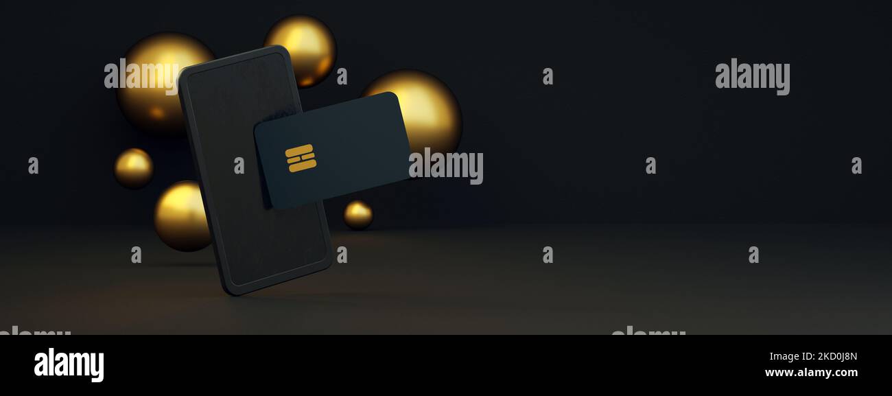 Phone with credit card over dark background, mobile banking and online ...