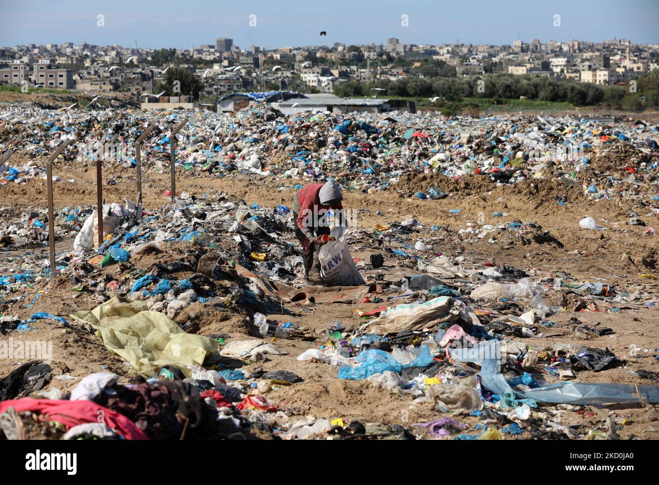 A Palestinian youth collects plastic and metal from waste piles ...