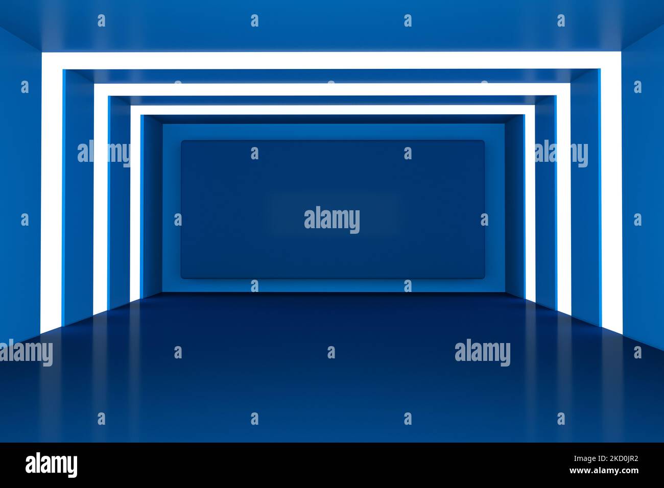 Empty blue room with stripes of ceiling lights and banner layout ...