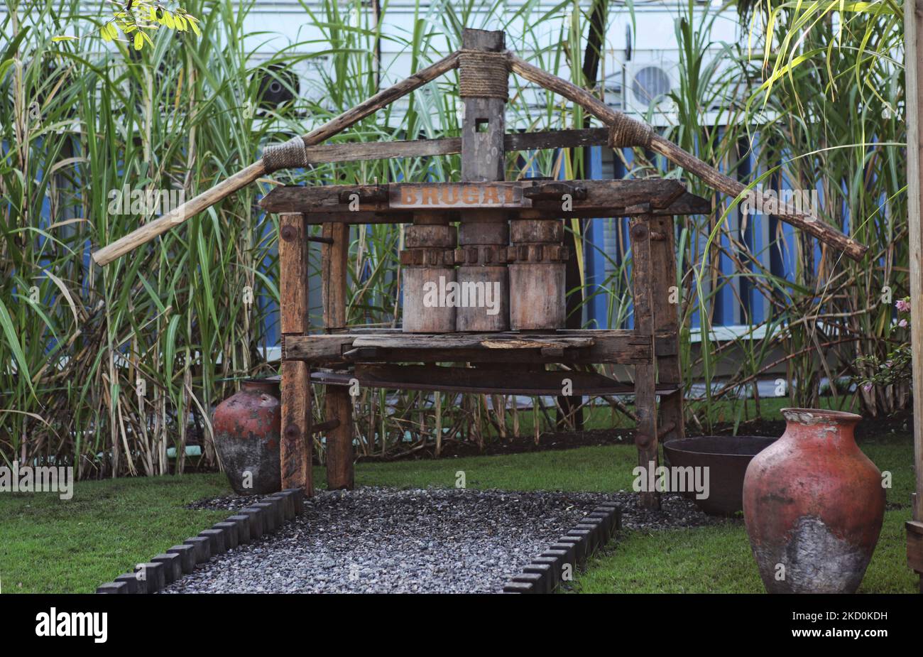 500 year old sugar cane press at the Brugal Rum Factory in Puerto Plata ...