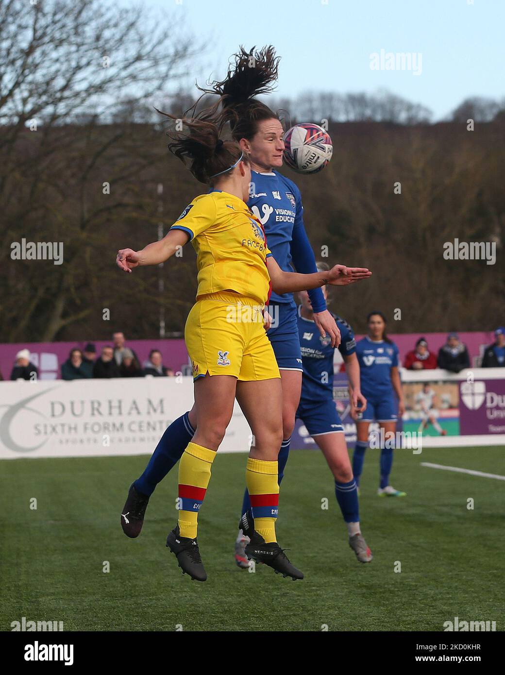 Crystal Palace's Molly Sharpe contests a header with Durham Women's ...
