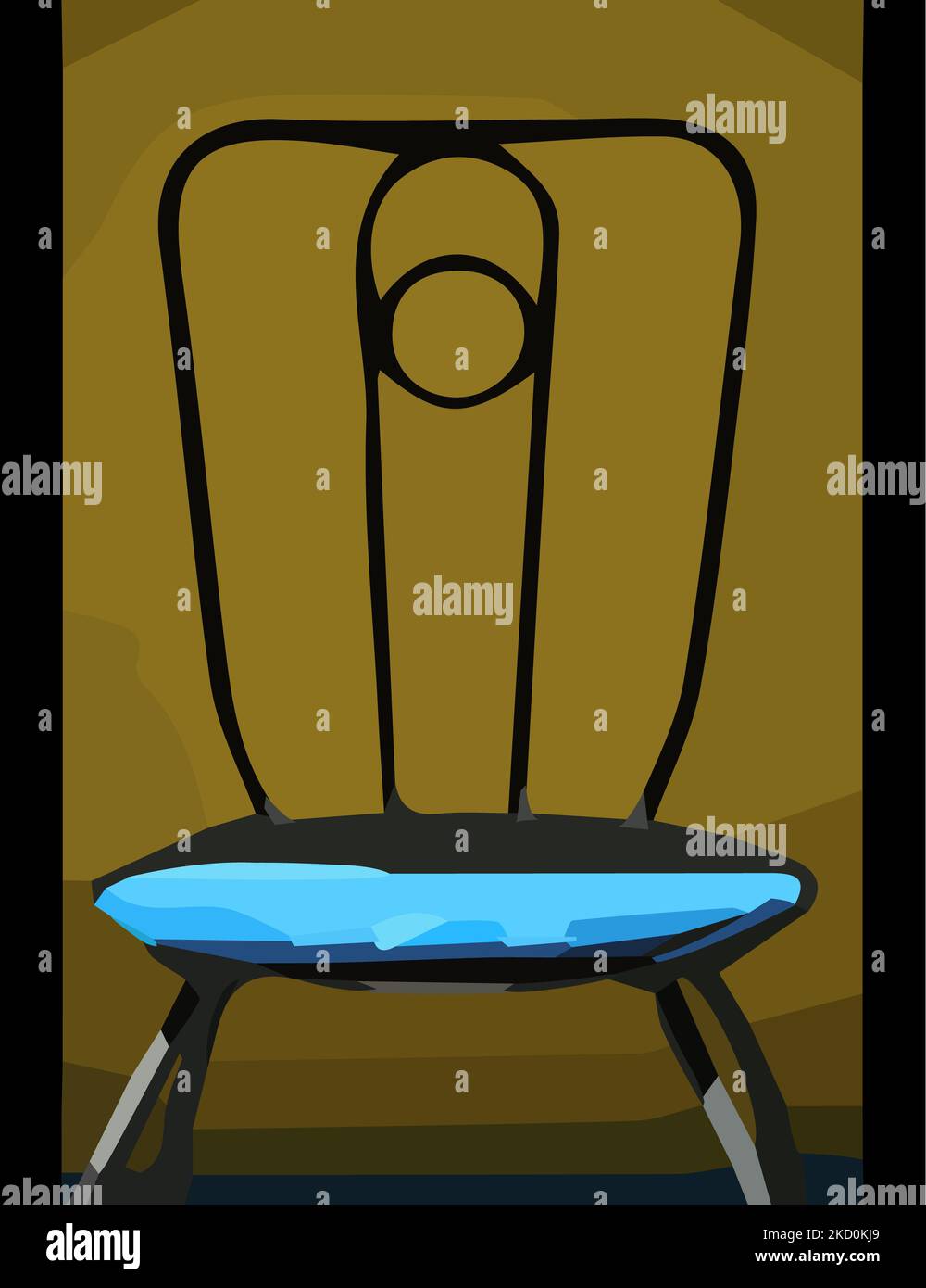Black steel frame chair with blue wooden seat. Behind it is a dark ...