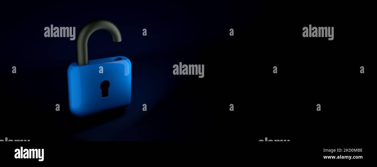 Open blue lock over black background, 3d rendering, panoramic layout ...