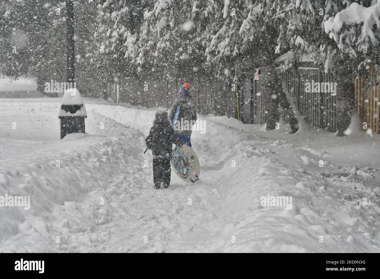 Children carry a snow glider as a massive snowstorm hit Toronto ...