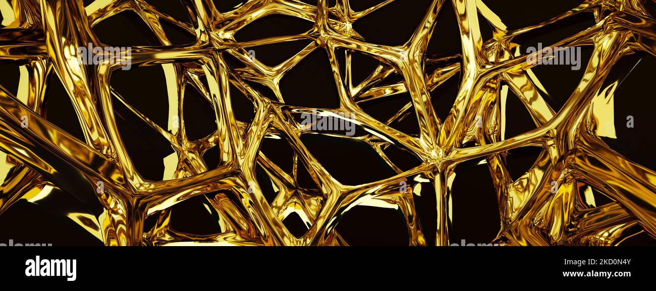 Abstract background with golden bionic shape surface, 3d rendering ...
