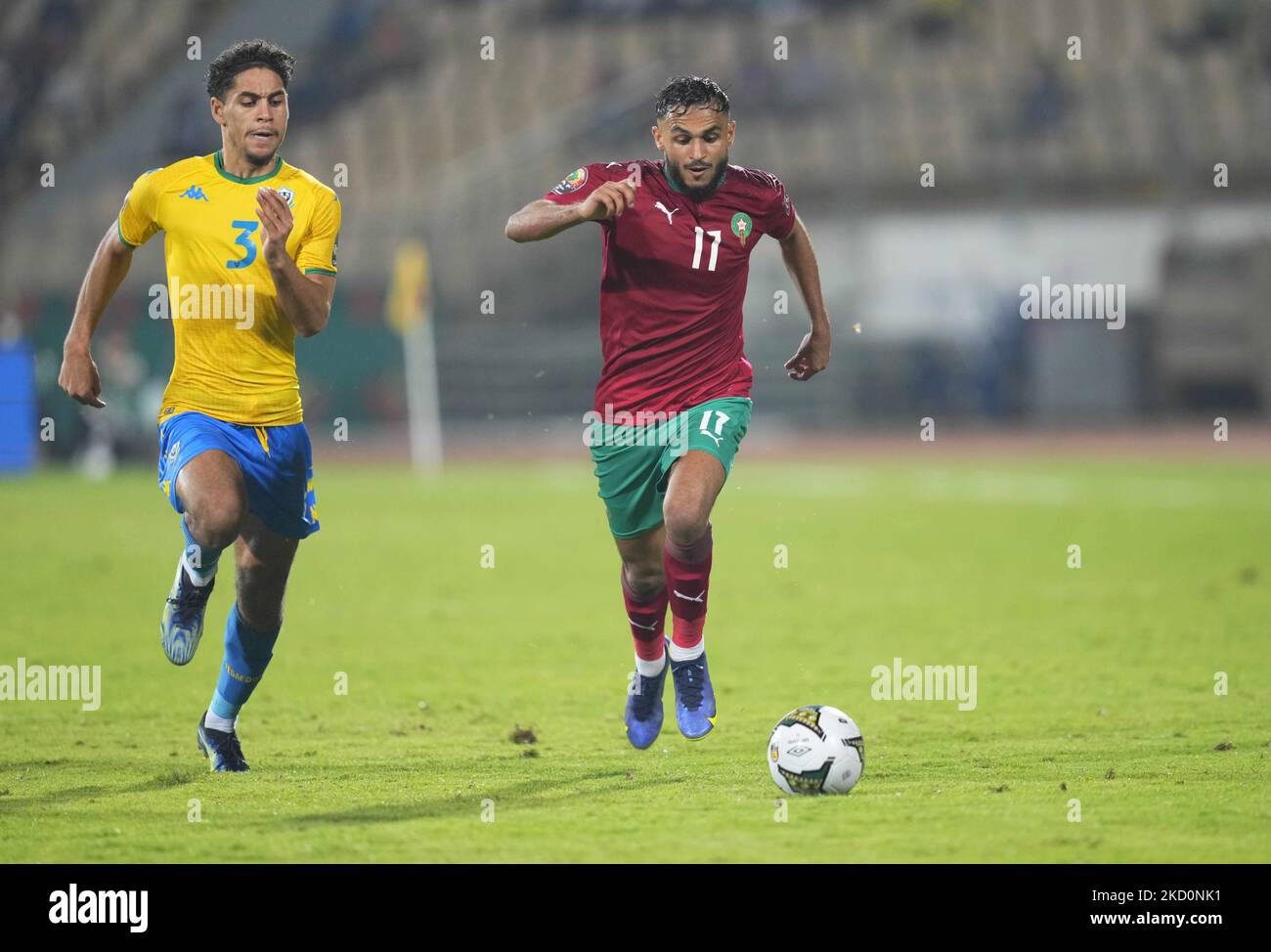 Anthony Oyono of Gabon and Sofiane Boufal of Morocco during Morocco ...