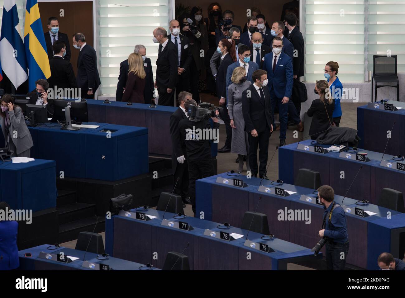 Emmanuel Macron enters the hemicycle of the European Parliament, in ...