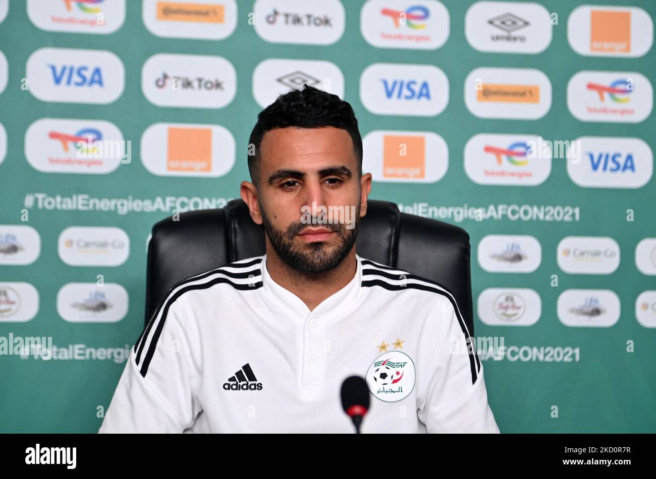 Algerian striker Riyad Mahrez attends a press conference at the Japoma ...