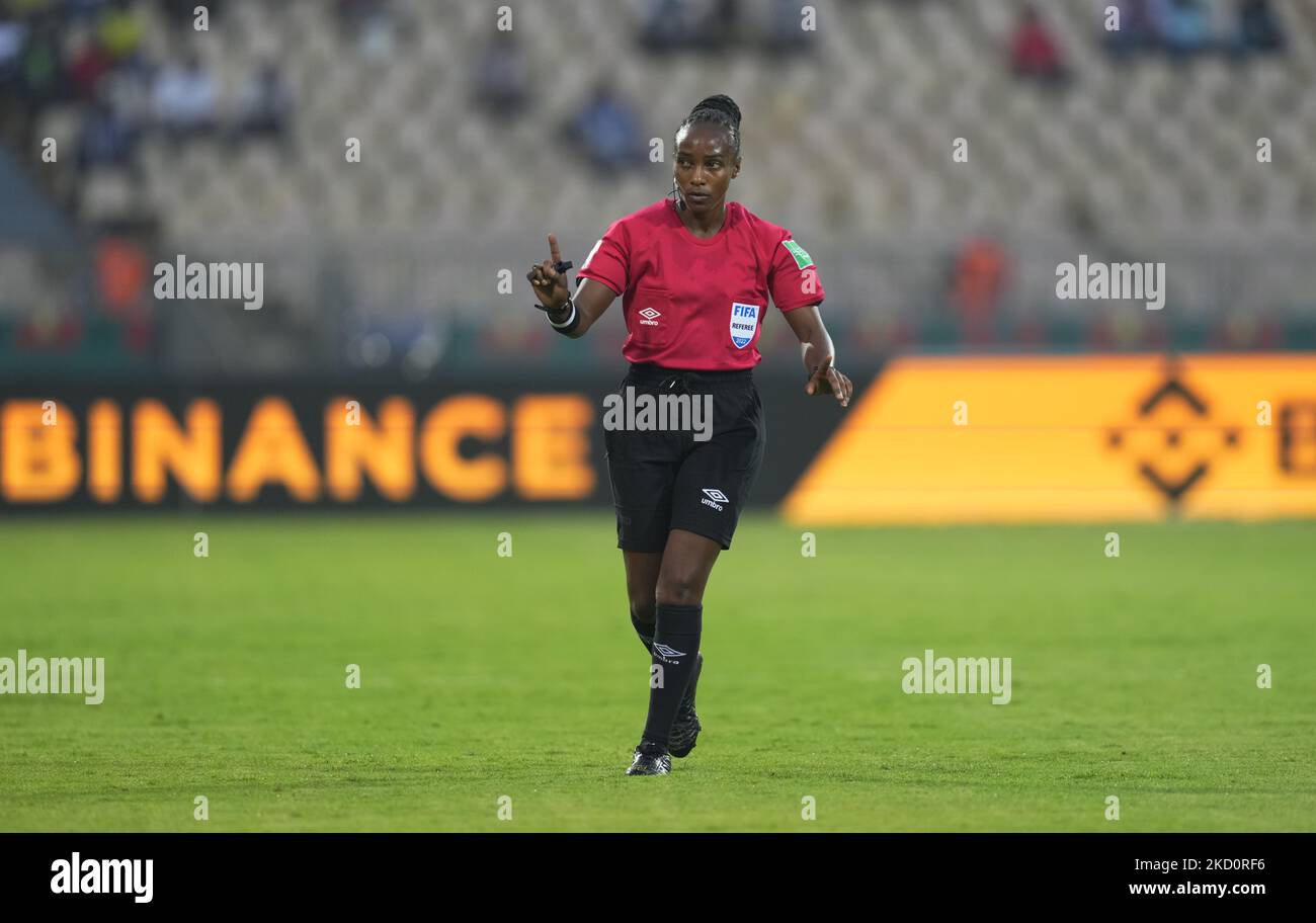 Salima Mukansanga, referee, of Rwanda during Guinea versus Zimbabwe ...