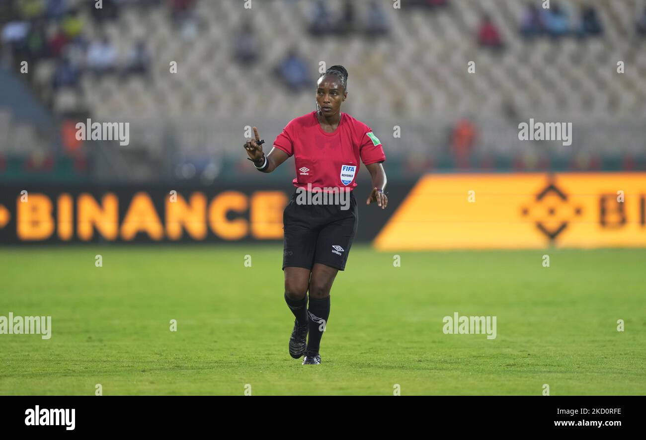 Salima Mukansanga, referee, of Rwanda during Guinea versus Zimbabwe ...
