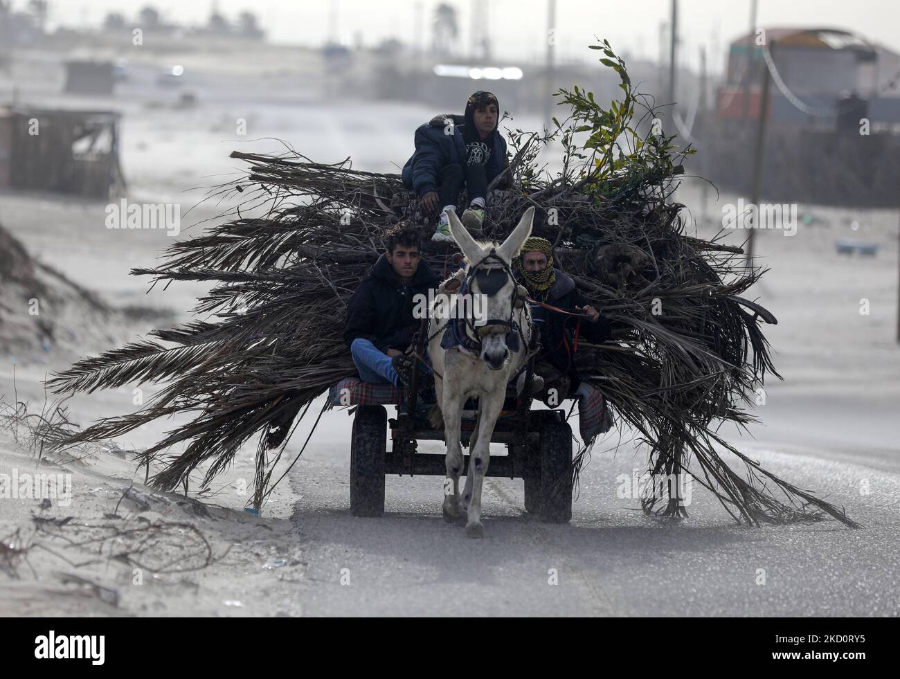 Palestinians ride a donkey-pulled cart during stormy weather along a ...