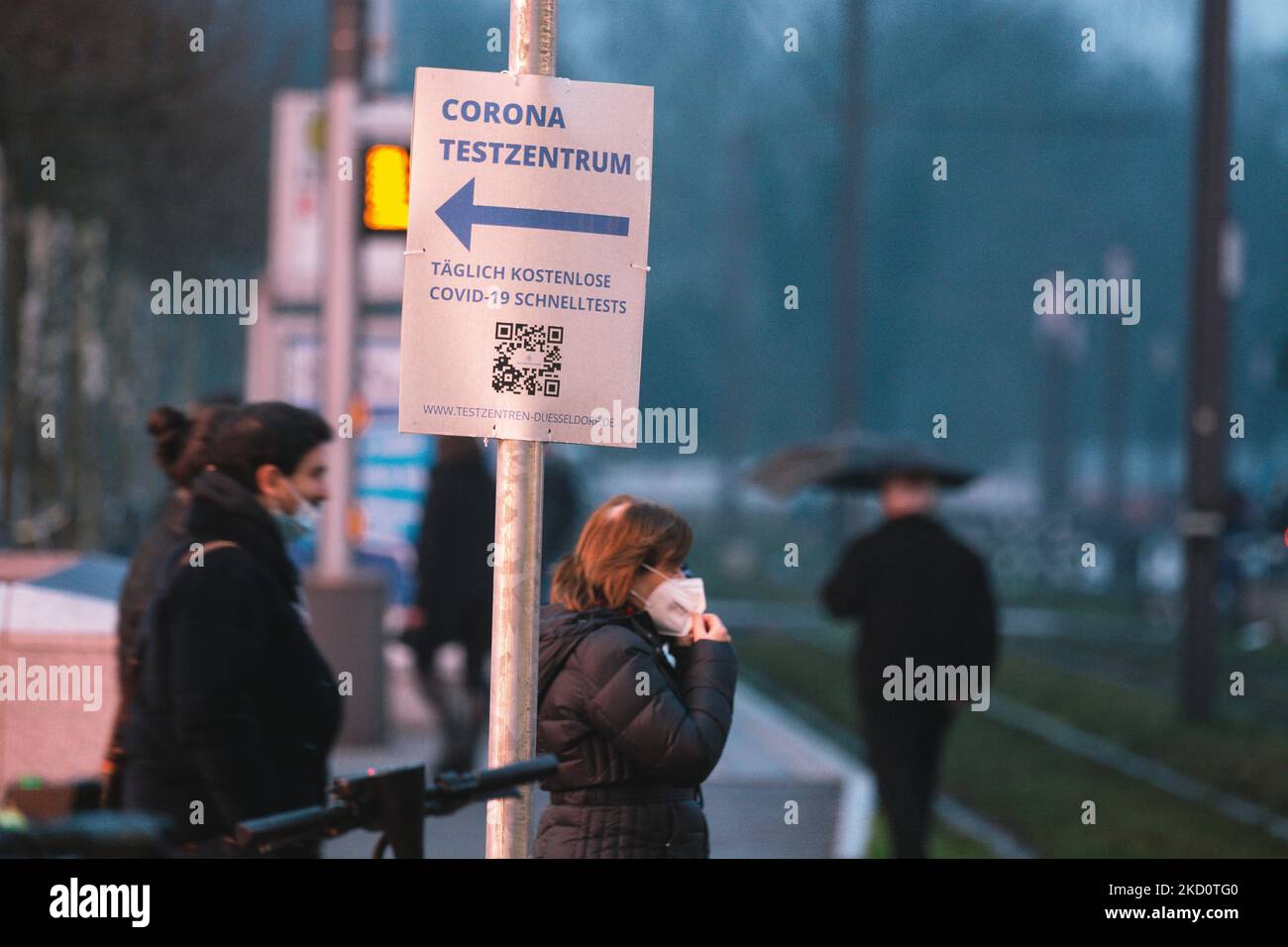 the sign of test center is seen iat city center of Duesseldorf, Germany ...