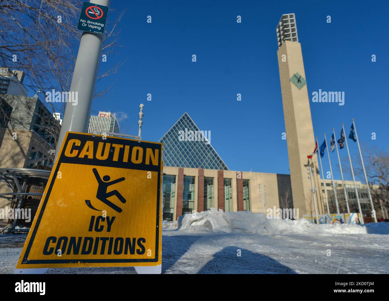 Sign 'Caution - Icy Condition' seen in Churchill Square in downtown ...