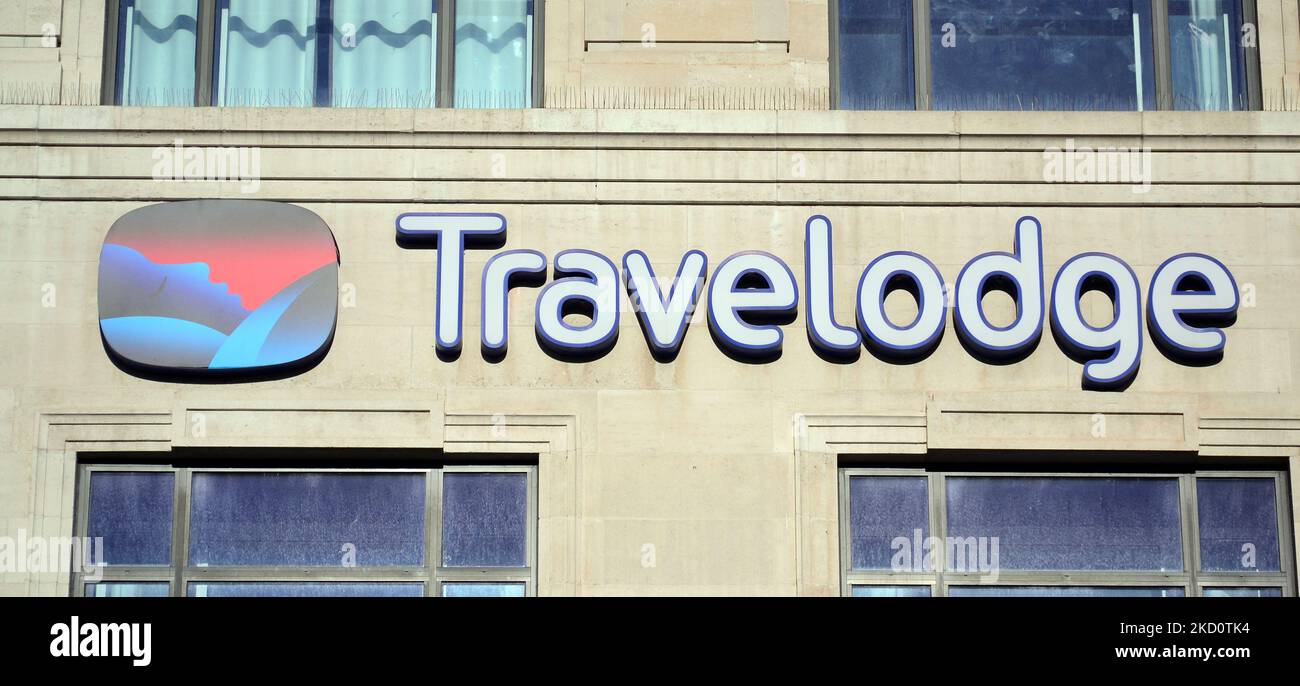 Exterior sign of Travelodge Hotel in Piccadilly, central Manchester, UK ...