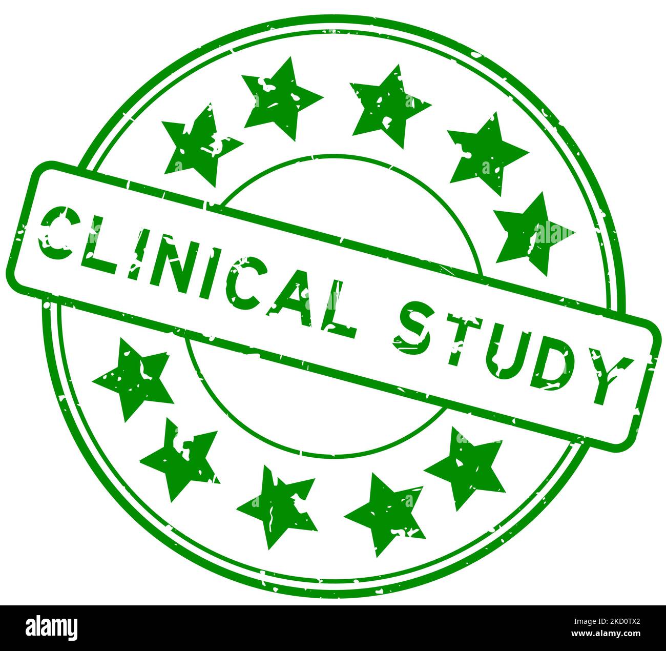 Grunge green clinical study word with star icon round rubber seal stamp ...