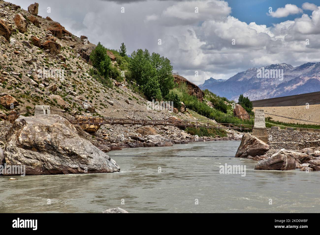 Bridge over the Zanskar River located high in the Himalayas in Padum ...