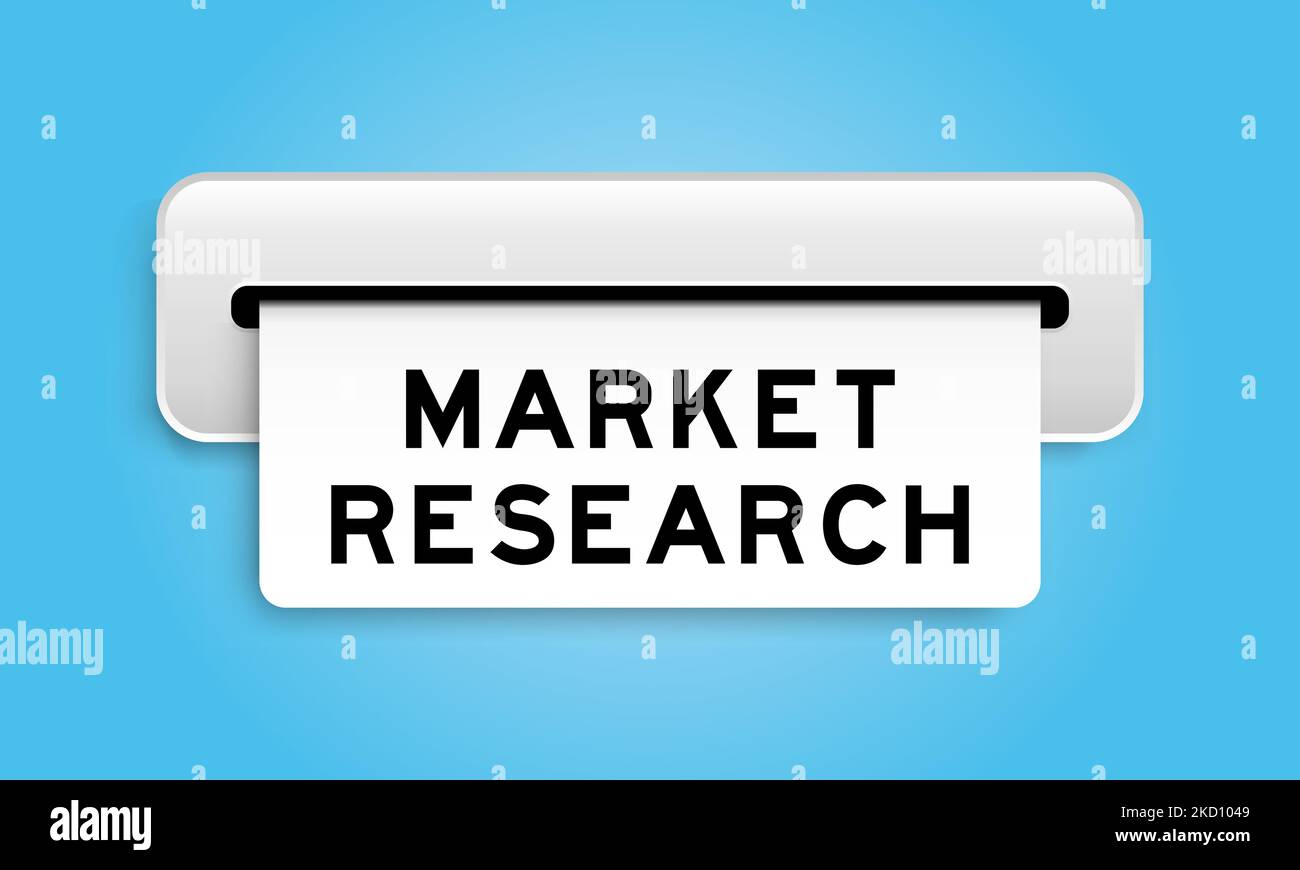 White coupon banner with word market research from machine on blue ...