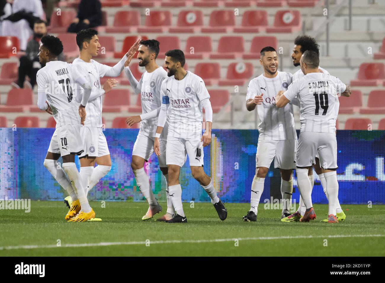 Al Sadd celebrate an own goal by Hamid Ismail during the QNB Stars ...