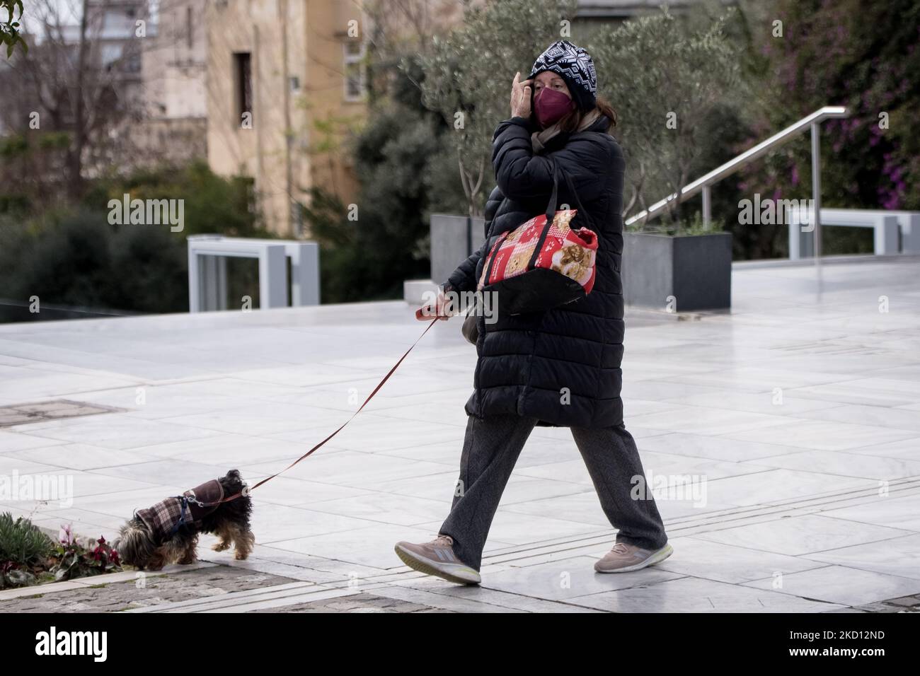 A woman is walking with her dog at the Acropolis Heel wearing protected ...