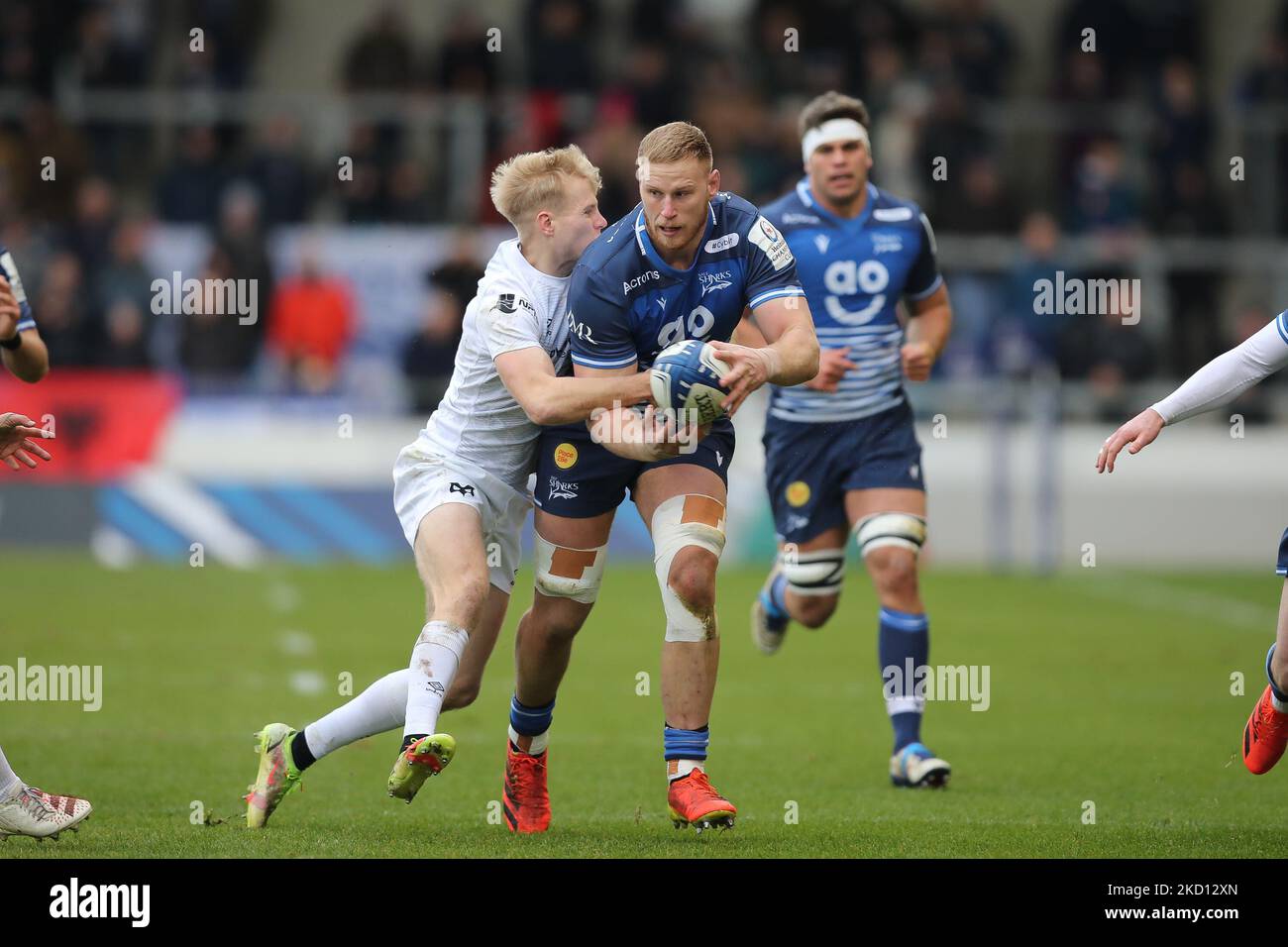 Jean-Luc du Preez of Sale Sharks gets tackled during the European ...