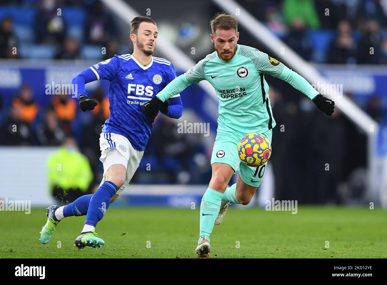 Alexis Mac Allister of Brighton and Hove Albion battles with James Maddison of Leicester City ...