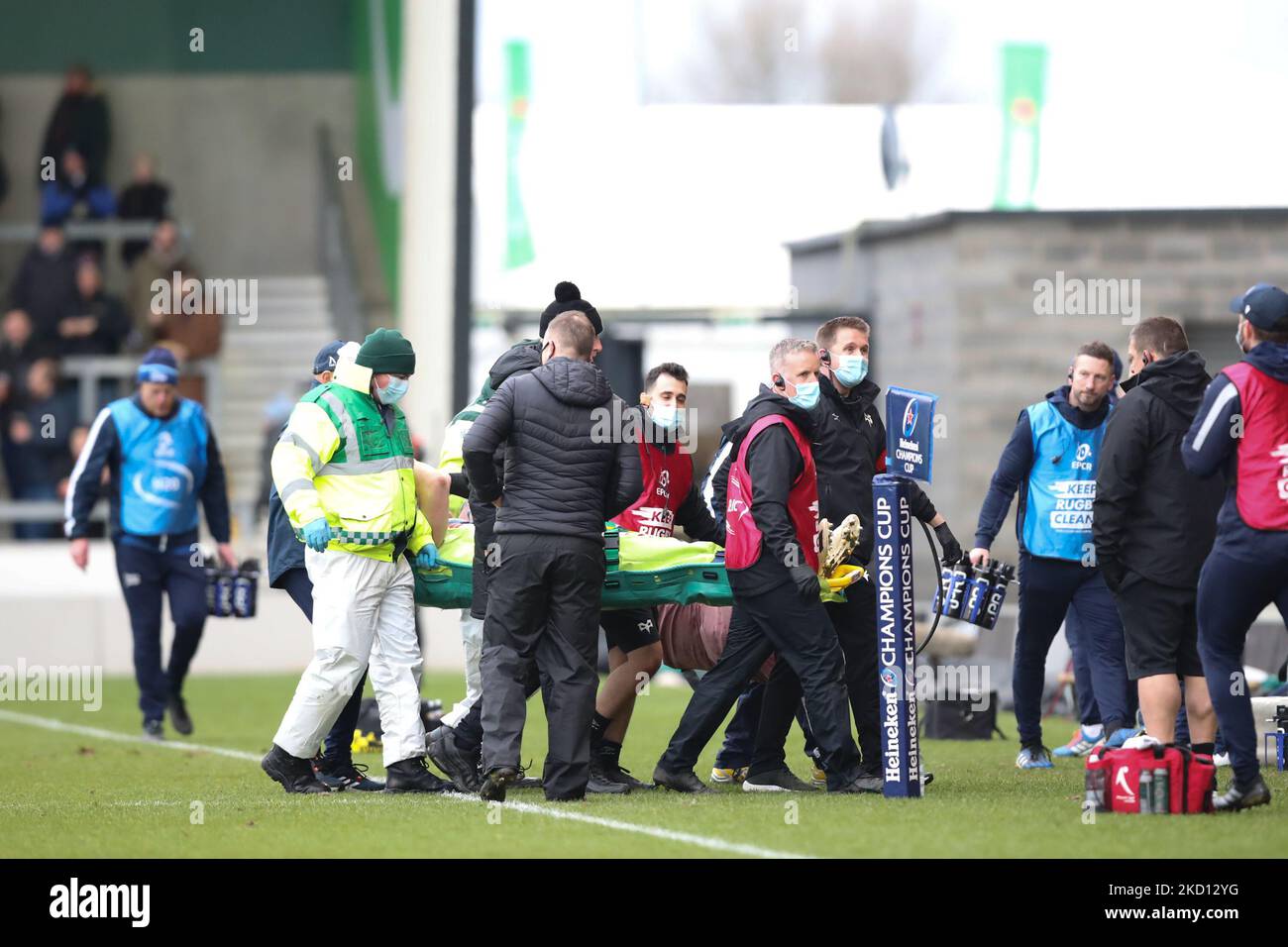 Sam Cross of Ospreys is stretchered off during the European Champions ...