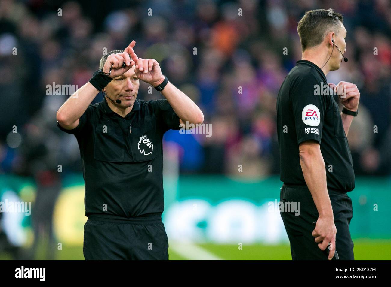 Referee Kevin Friend points the area during the Premier League match ...