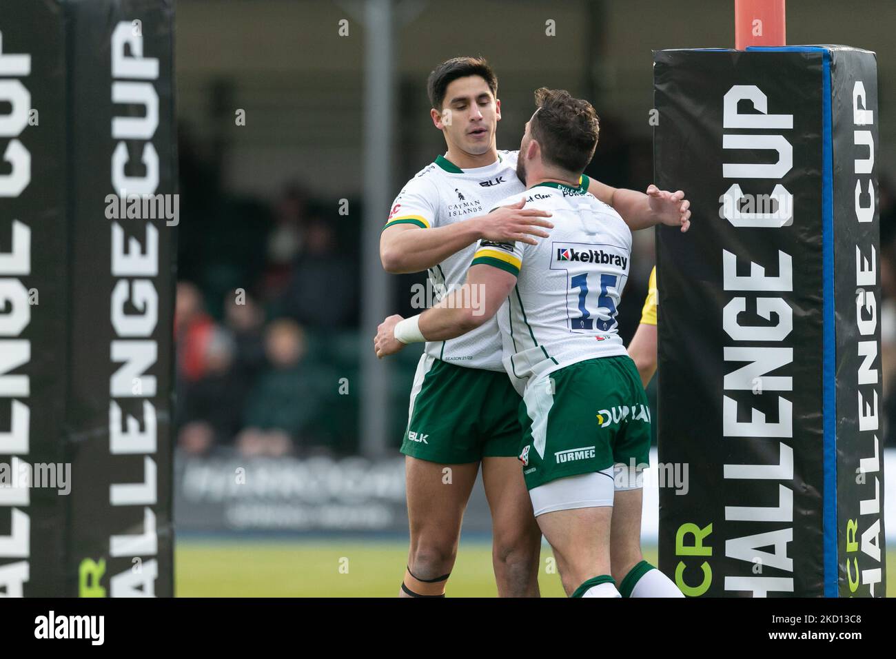 James Stokes of London Irish celebrates with his teammate Lucio Cinti ...
