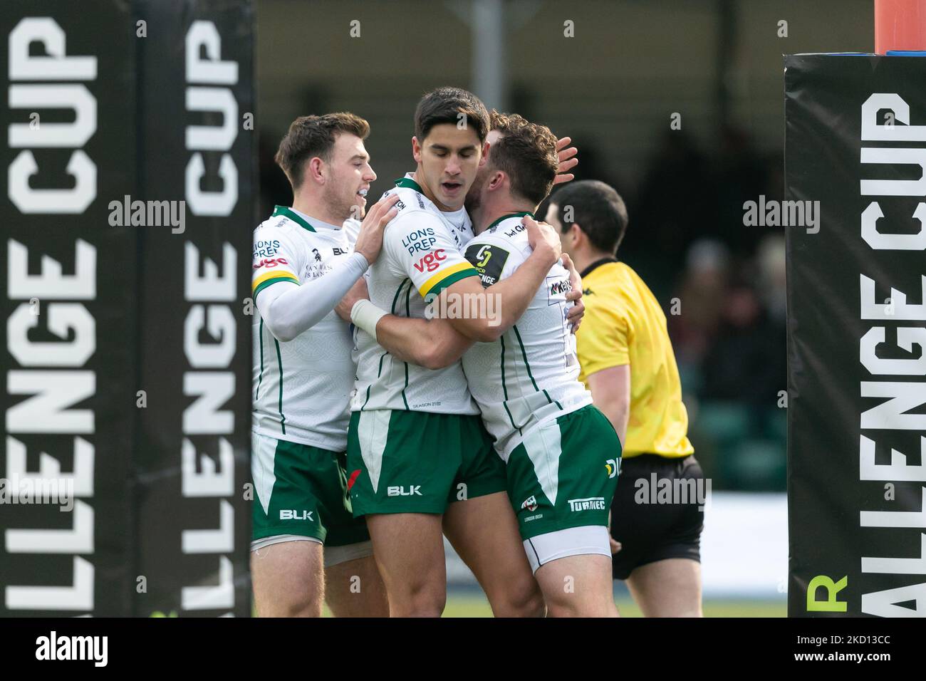James Stokes of London Irish celebrates with his teammate Lucio Cinti ...