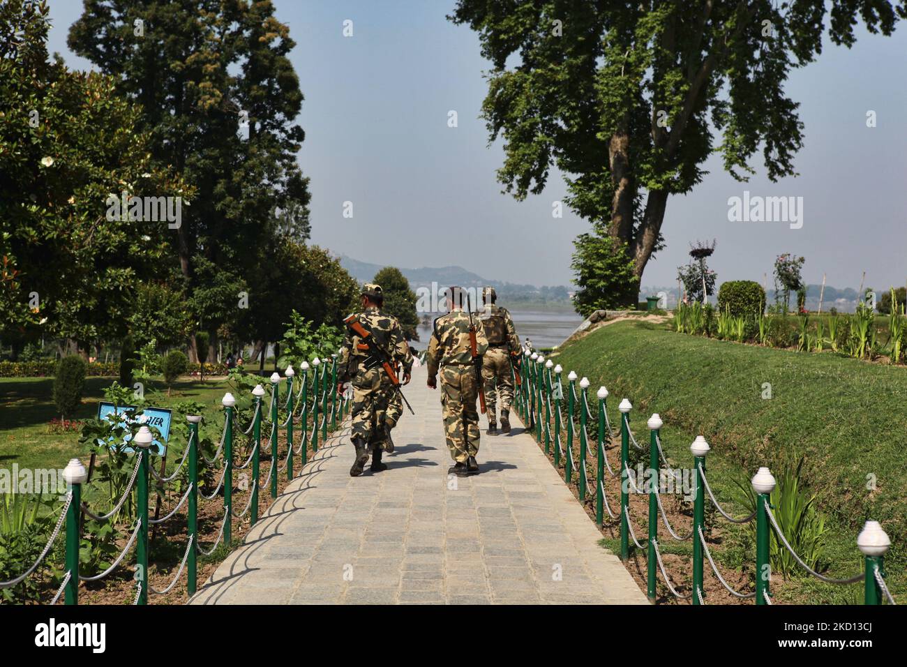 Indian army soldiers on patrol at the Nishat Bagh Mughal Garden during ...