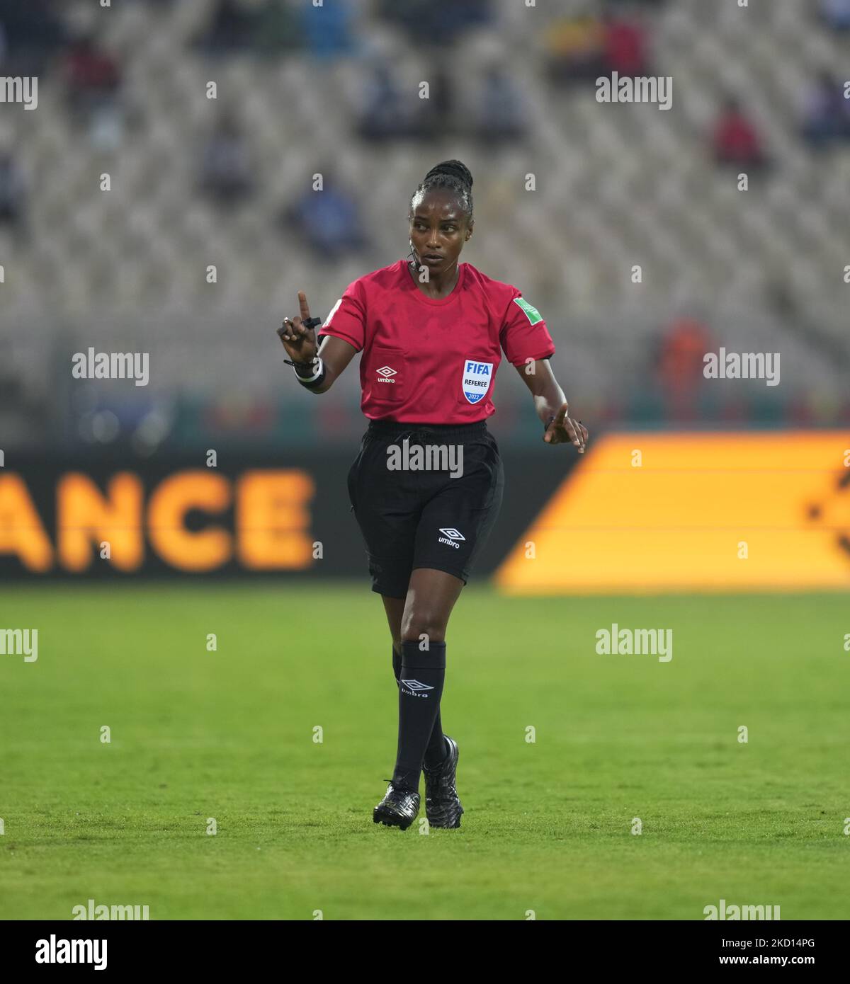 Salima Mukansanga, referee, of Rwanda during Guinea versus Zimbabwe ...