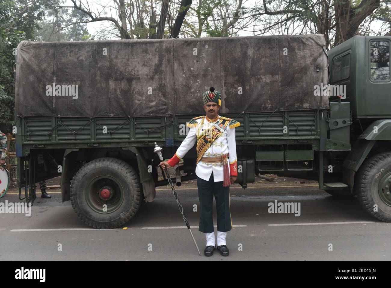 A member of Indian Army Band Contingent stands for a photograph during ...