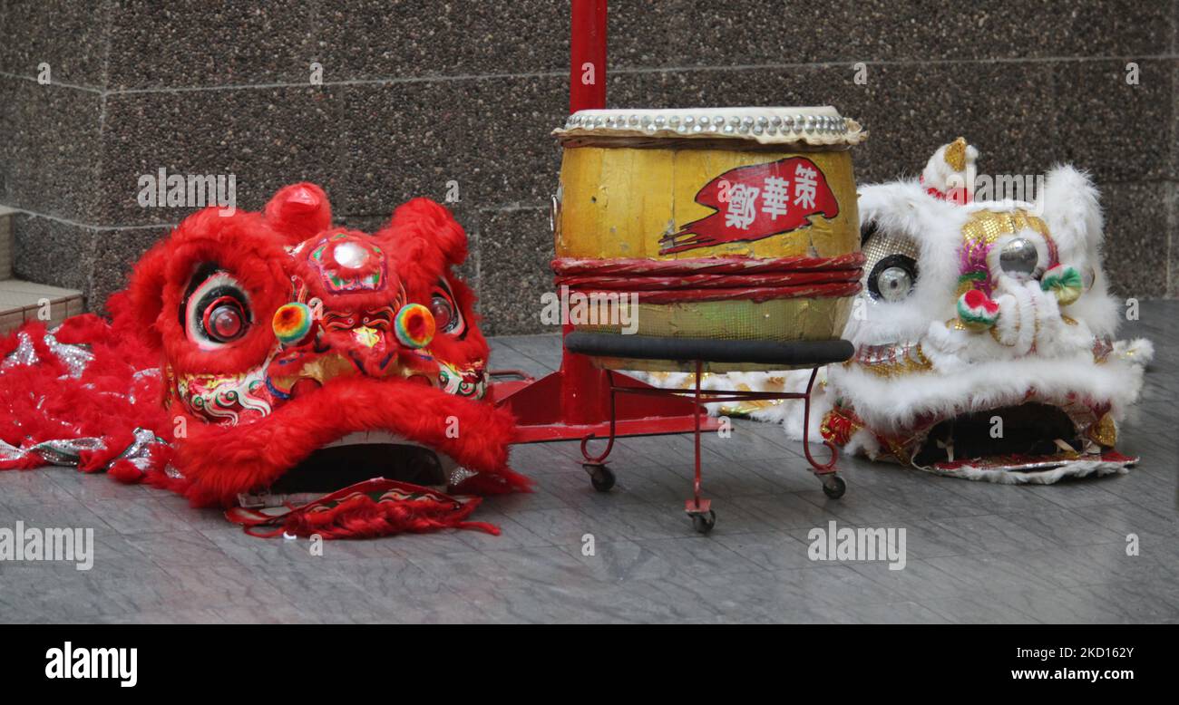 Chinese lion costumes sit ready to issue in the Chinese Lunar New Year ...