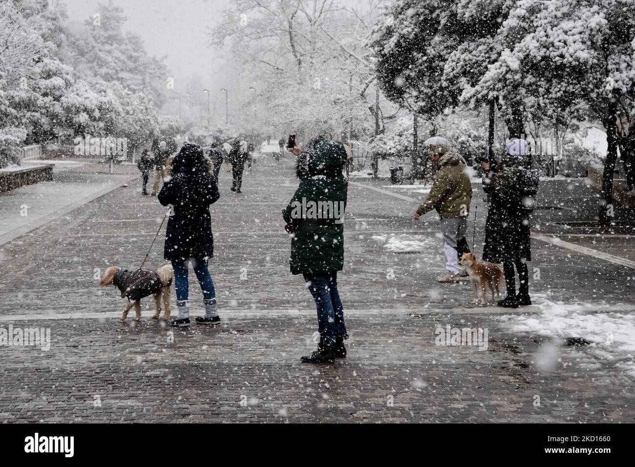People seen enjoy the snowfall named 'Elpida' at Acropolis Heel in the ...