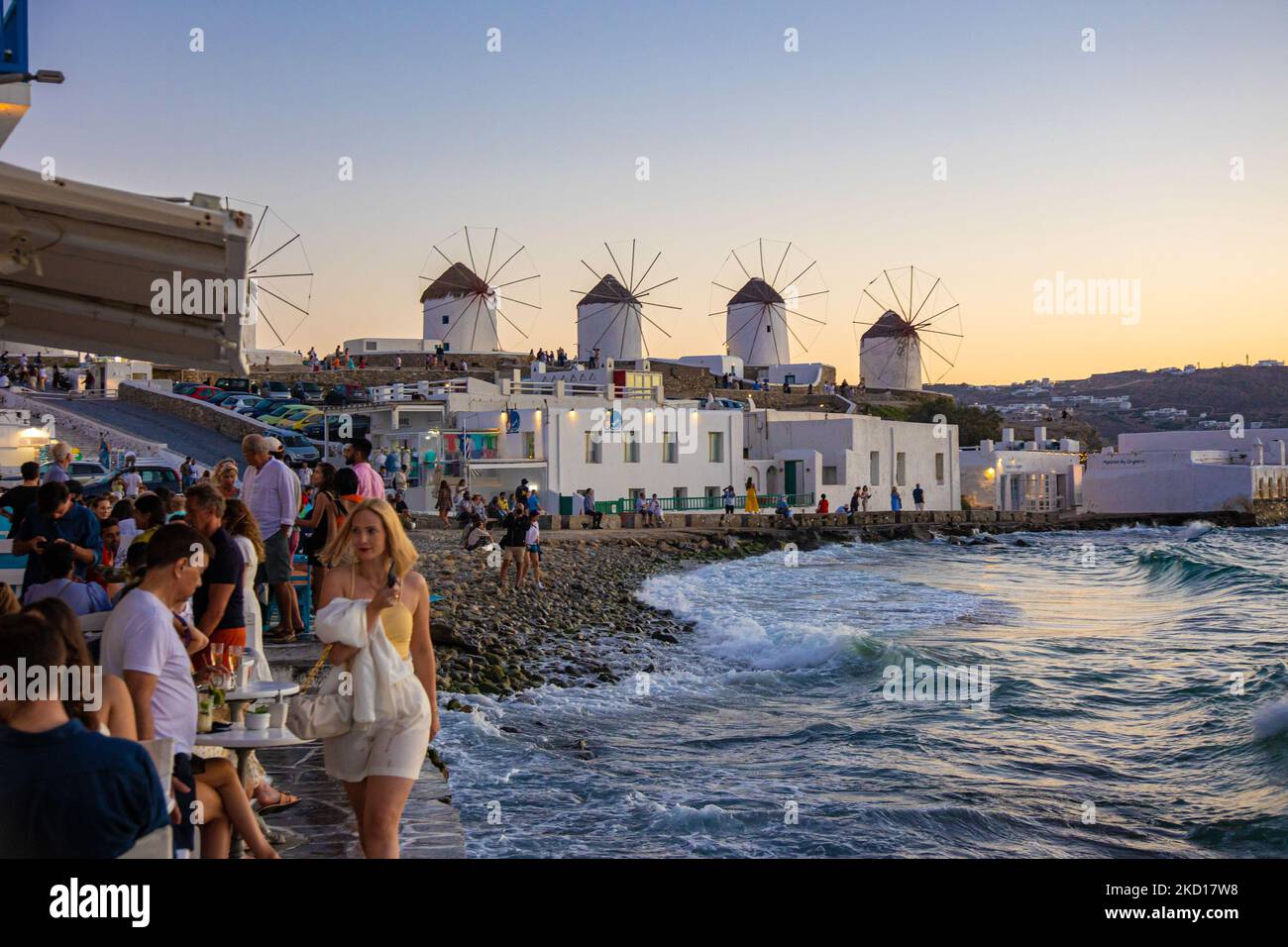 The iconic windmills of Mykonos island as seen from Little Venice with ...
